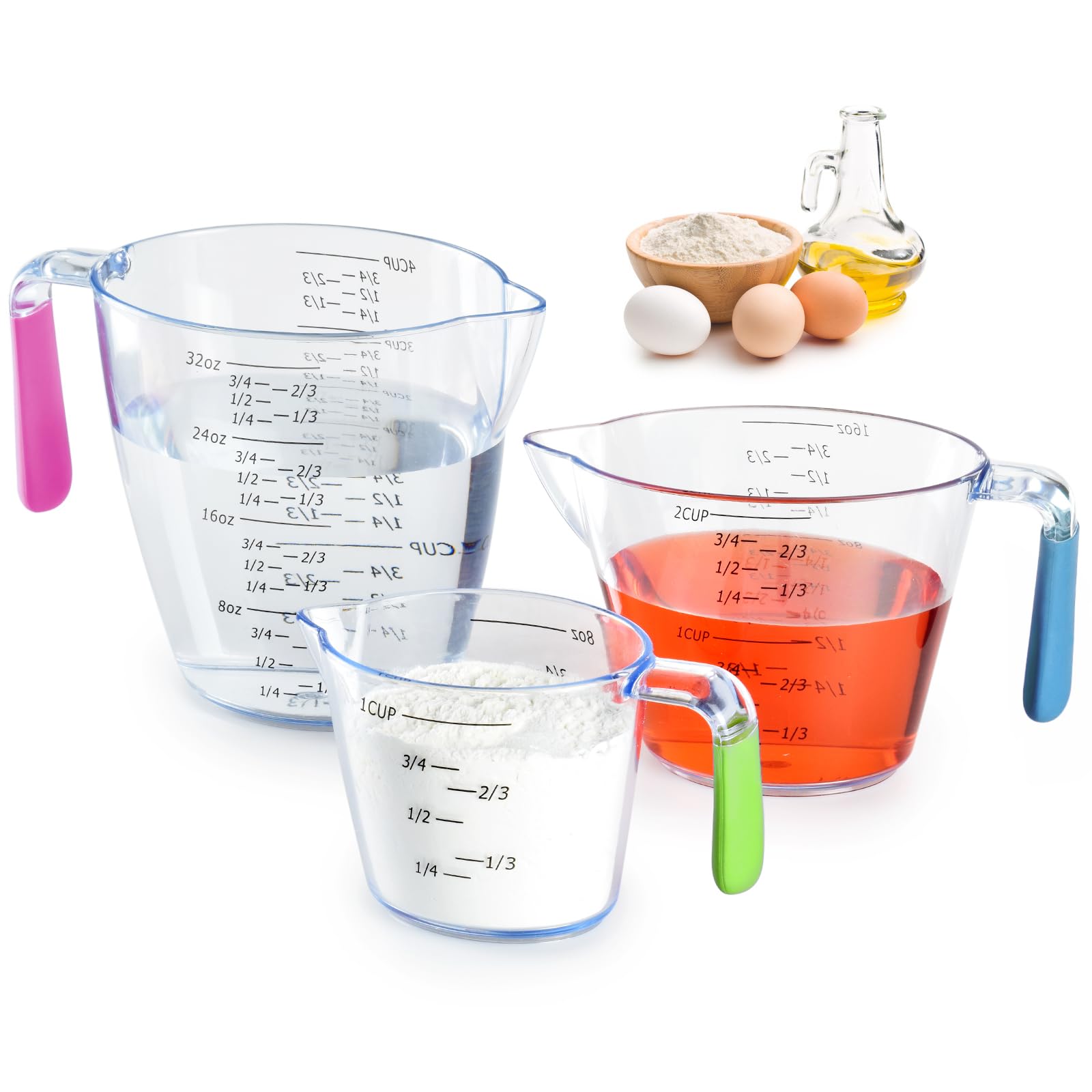 Measuring Cups Set, 3-Piece Clear Plastic Measuring Cups with OZ & Cup ...