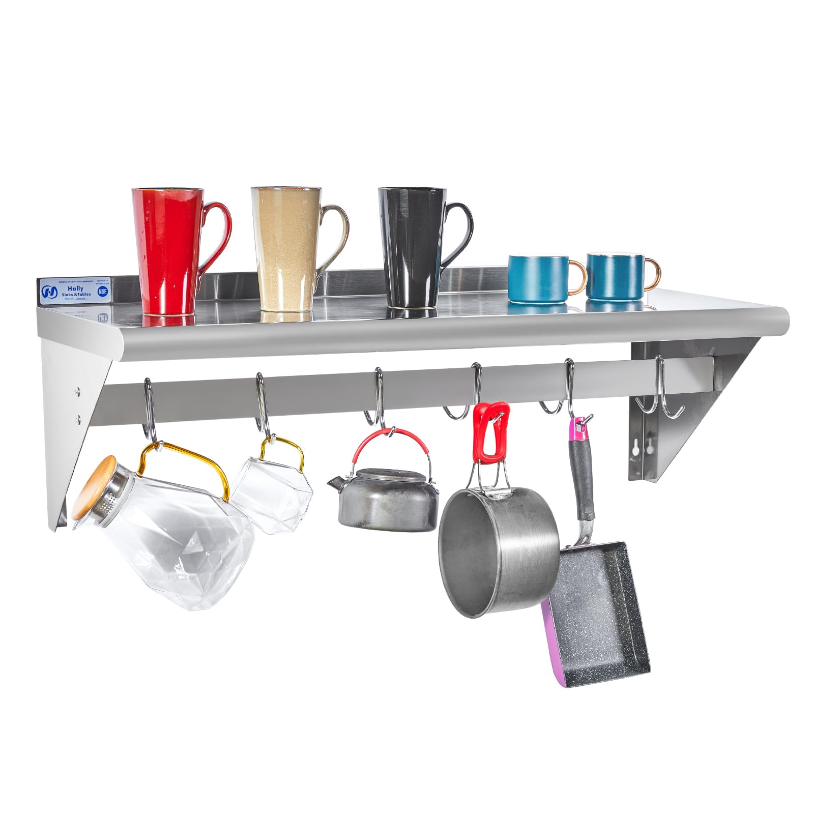 HALLY Stainless Steel Shelf with 6 Hooks 14" x 36" Wall Mounted Pot ...