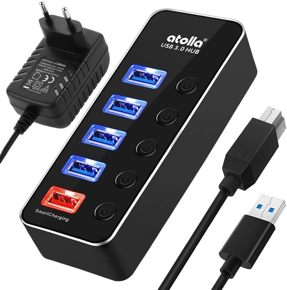 Atolla Hub USB alimenté aluminium 4 ports USB 3.0 Hub actif Super Speed Hub de Données et 1 ...