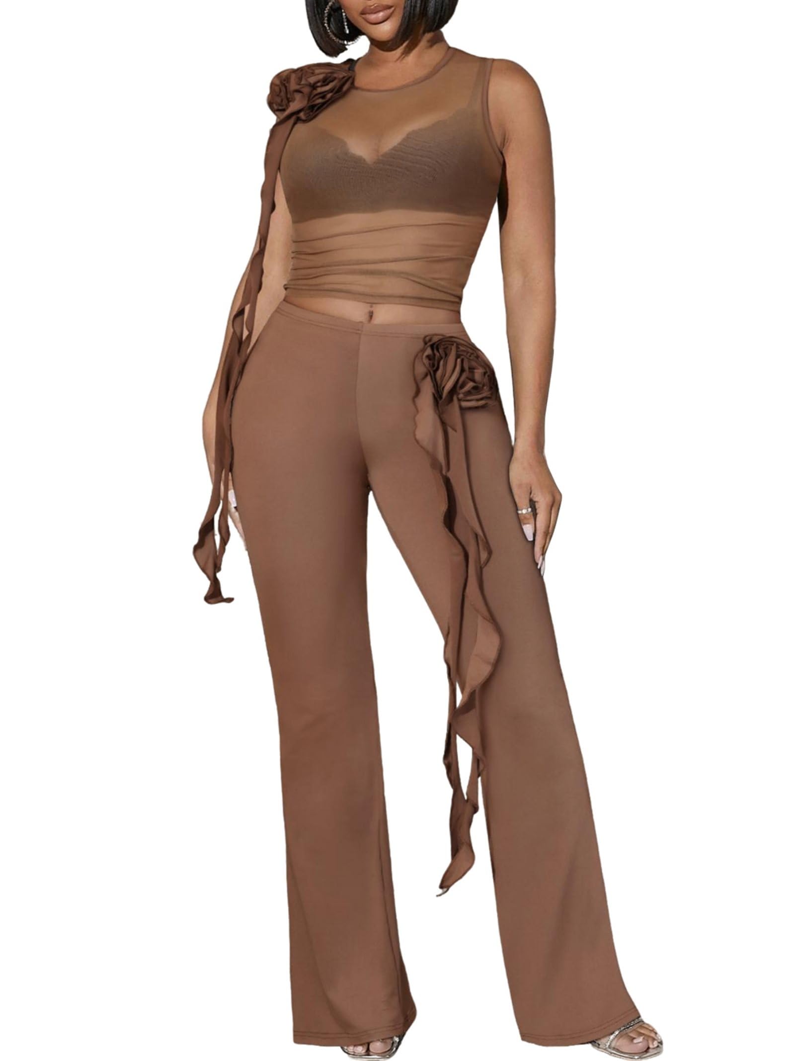 Womens Two Piece Outfits Floral Tassels Ruffle Crop Top Flare Leggings ...