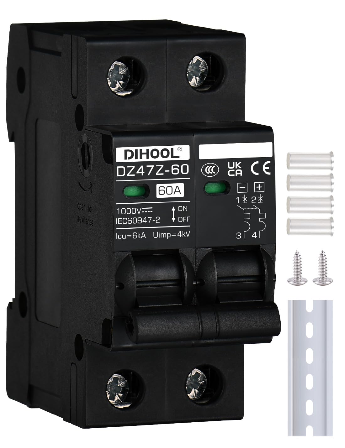 DIHOOL 60 Amp DC Circuit Breaker DIN Rail Mount Solar Disconnect Switch 2P 1000V for sale ...