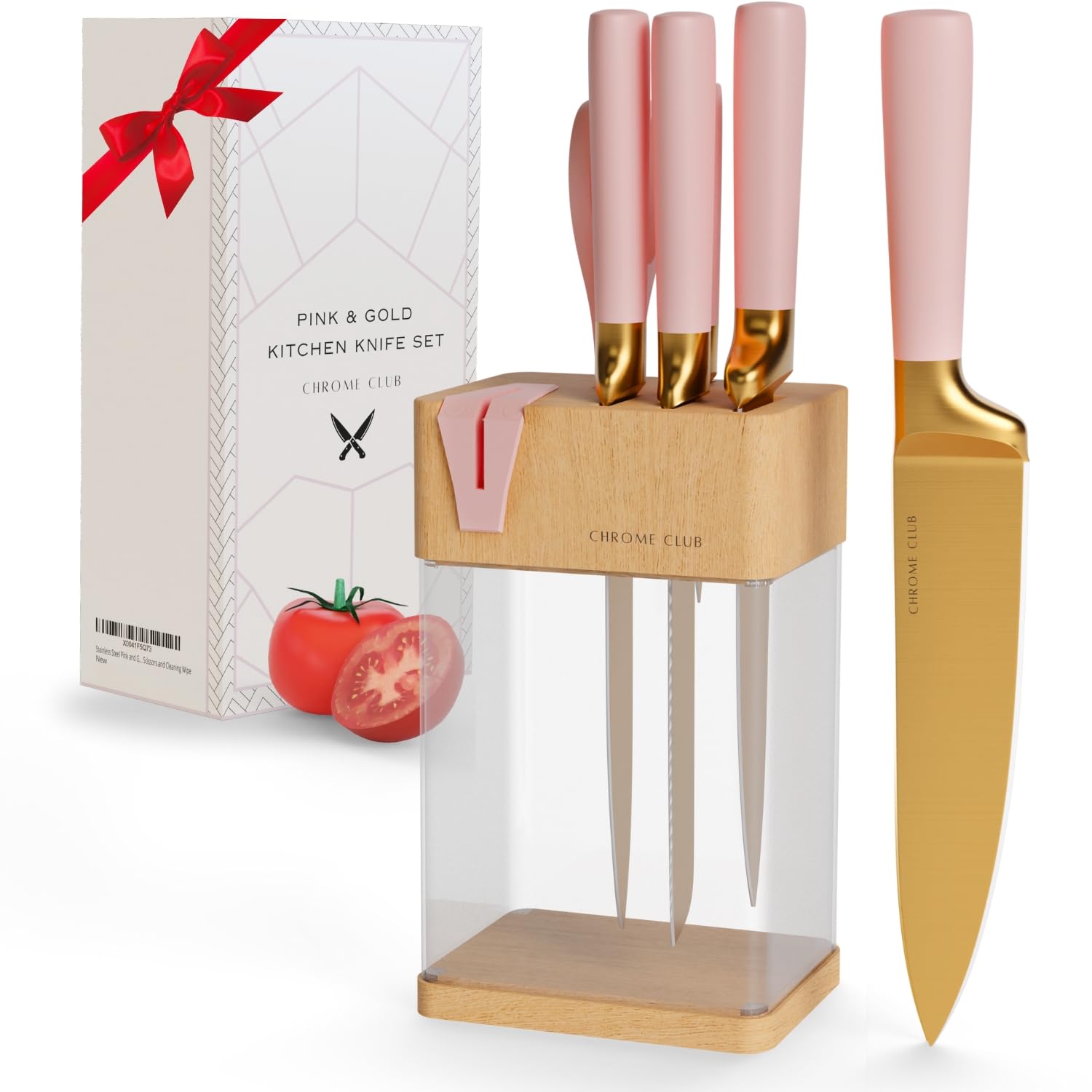 CHROME CLUB Pink Knife Set with Block - 7 Piece Pink and Gold Kitchen ...