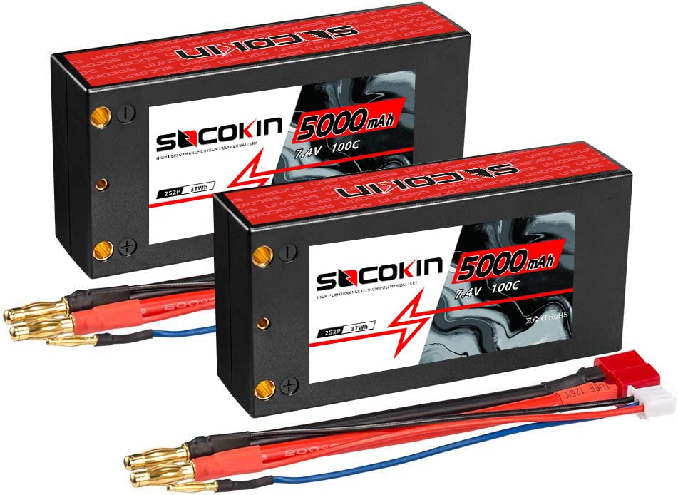 Socokin 7.4V 2S Lipo Battery 5000mAh 100C Shorty Hard Case RC Lipo ...