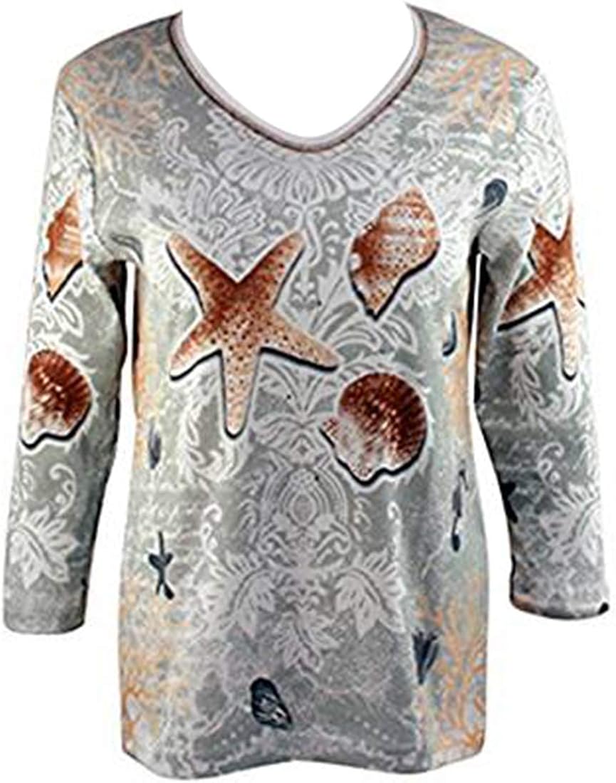 Cactus Bay Apparel - Shell Collage, 3/4 Sleeve, V-Neck, Rhinestone ...