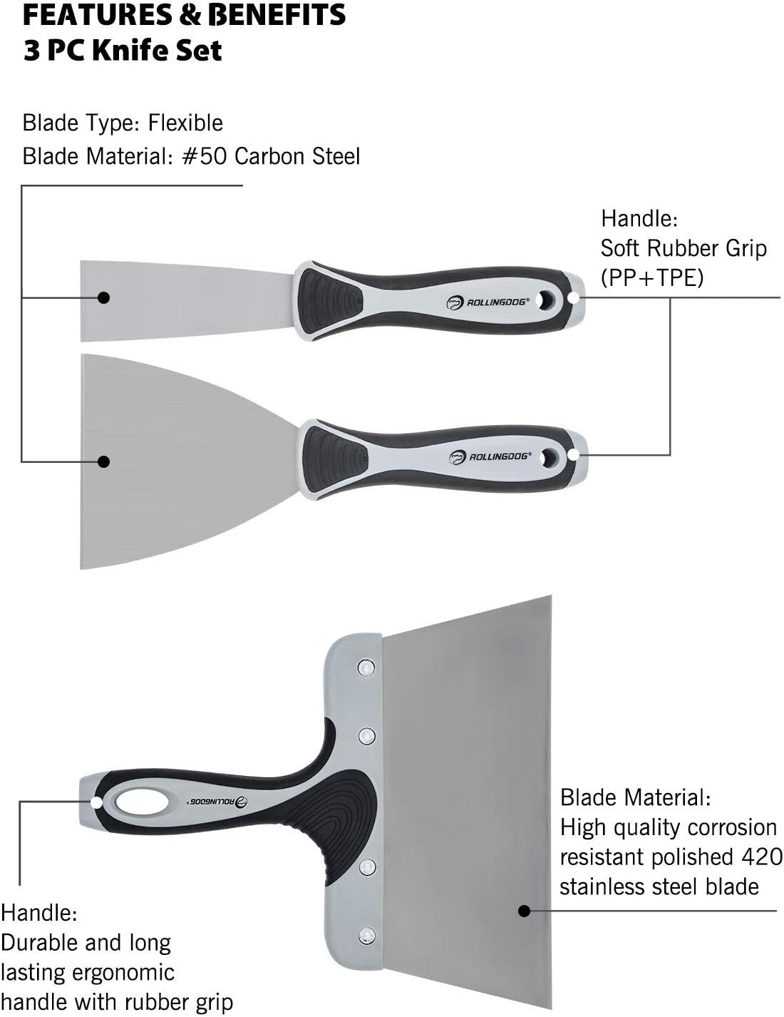 ROLLINGDOG 3PC Filling Knife Set Wall Repair Set with 1.5″(38mm) Putty ...