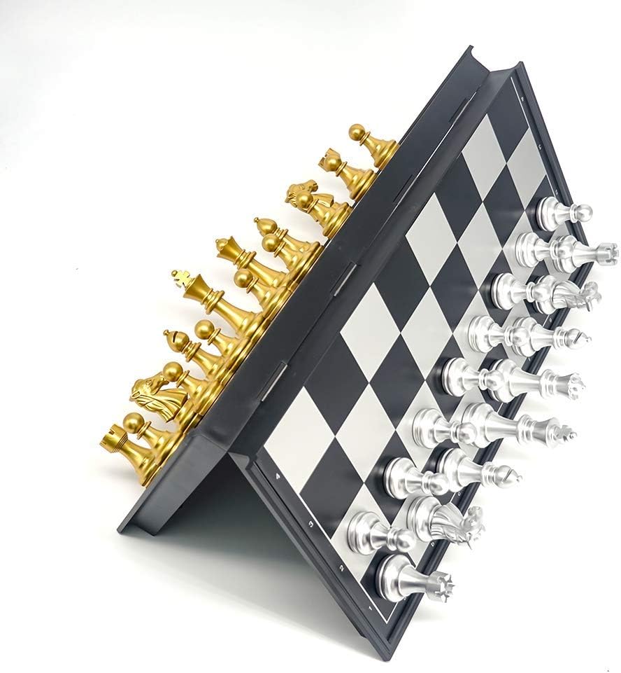 EVERGD Folding Magnetic Travel Chess Set Gold&Silver Chess Pieces Chess ...
