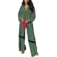 Amazon.com: kaimimei Casual 2 Piece Outfit for Women - Linen Long Sleeve Button Down Shirt ...