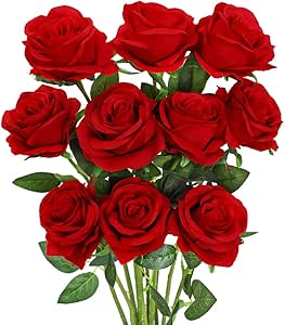 Amazon.com: Luyue 10 Pack Artificial Rose Flower Red Silk Roses with ...