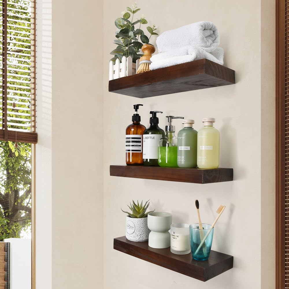 Wood Floating Shelves Set of 3 - Solid Wood Shelf 16 inch - Real Wood ...