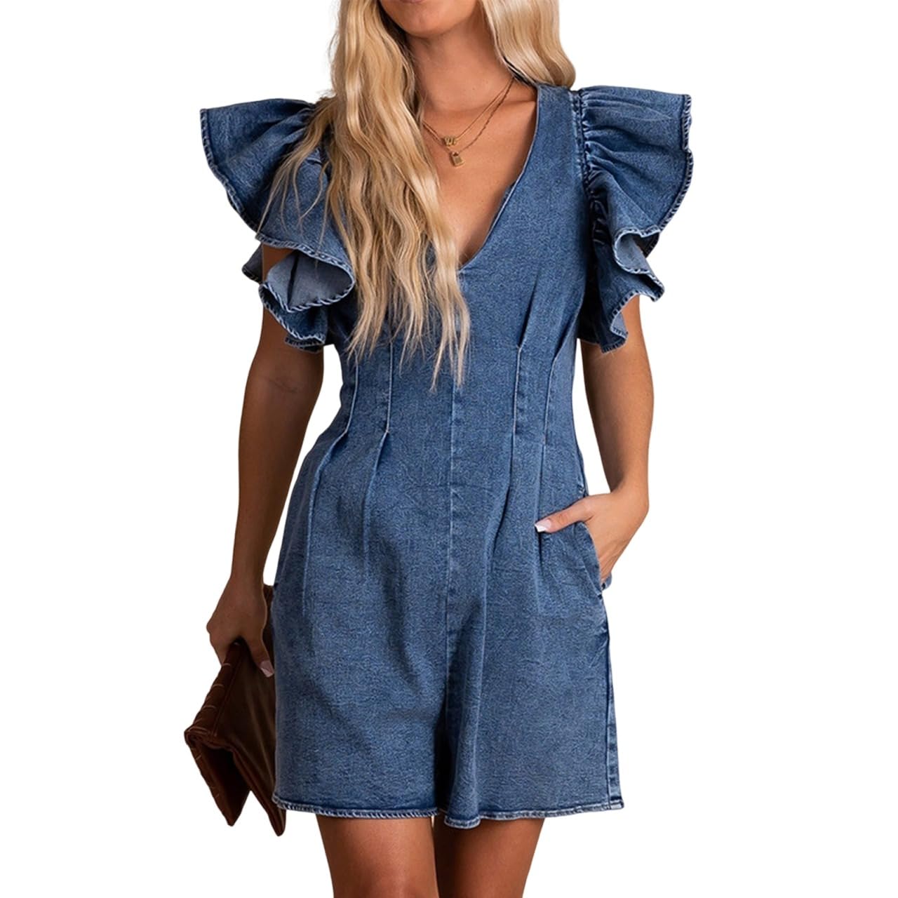 Anzber Women's Cute Denim Rompers Summer Ruffle Sleeve Button Down ...