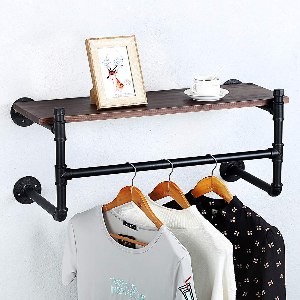 JIANZHUO Industrial Pipe Clothing Rack Wall Mounted with Wood Shelf ...