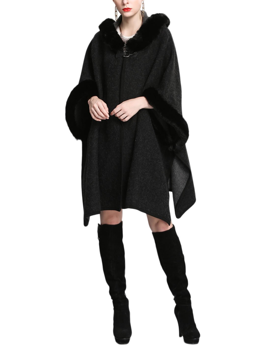 Gihuo Women's Luxury Batwing Sleeve Faux Fur Trim Hooded Cloak Poncho ...
