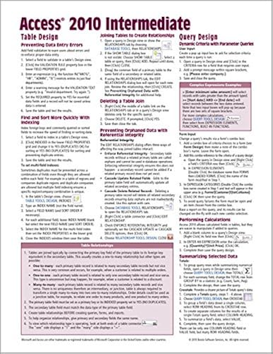 Microsoft Access 2010 Intermediate Quick Reference Guide Cheat Sheet Of Instructions Tips