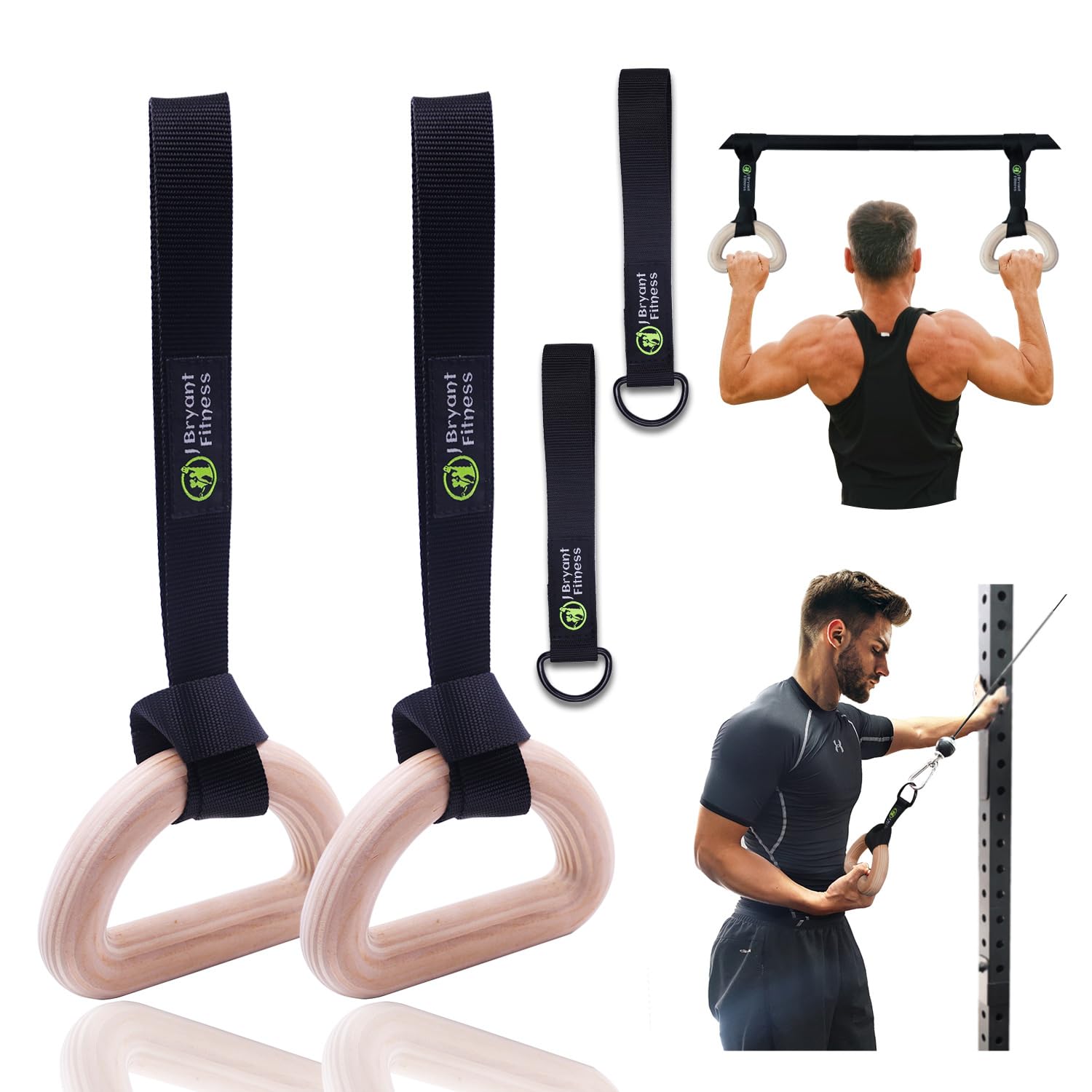 J Bryant Fitness Wooden Gymnastic Rings - Pull Up Grips & LAT Pull Down ...