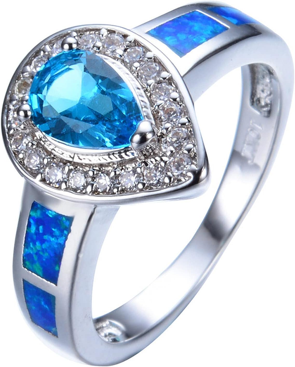 Anillo de circón azul en forma de gota de ópalo azul platino de moda ...