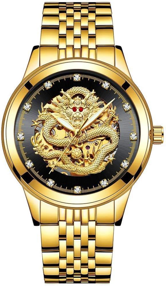 Wrist Watches,3D Dragon Embossed Men's Watch Gold Rhinestone Automatic ...