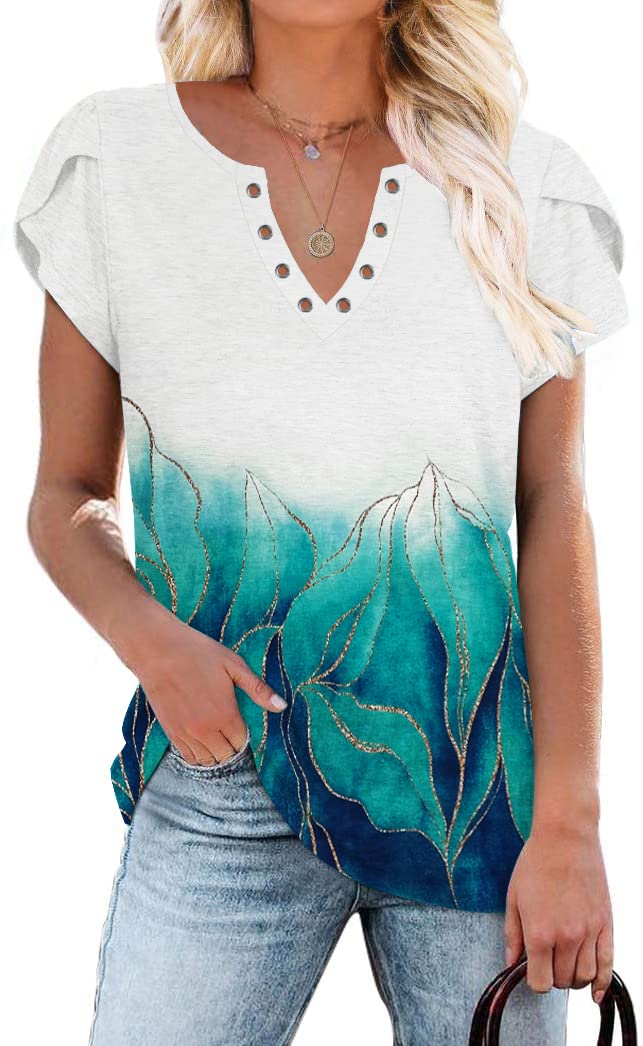 Womens Basic Casual T-Shirts Ring Hole V Neck Petal Short Sleeve Tops ...