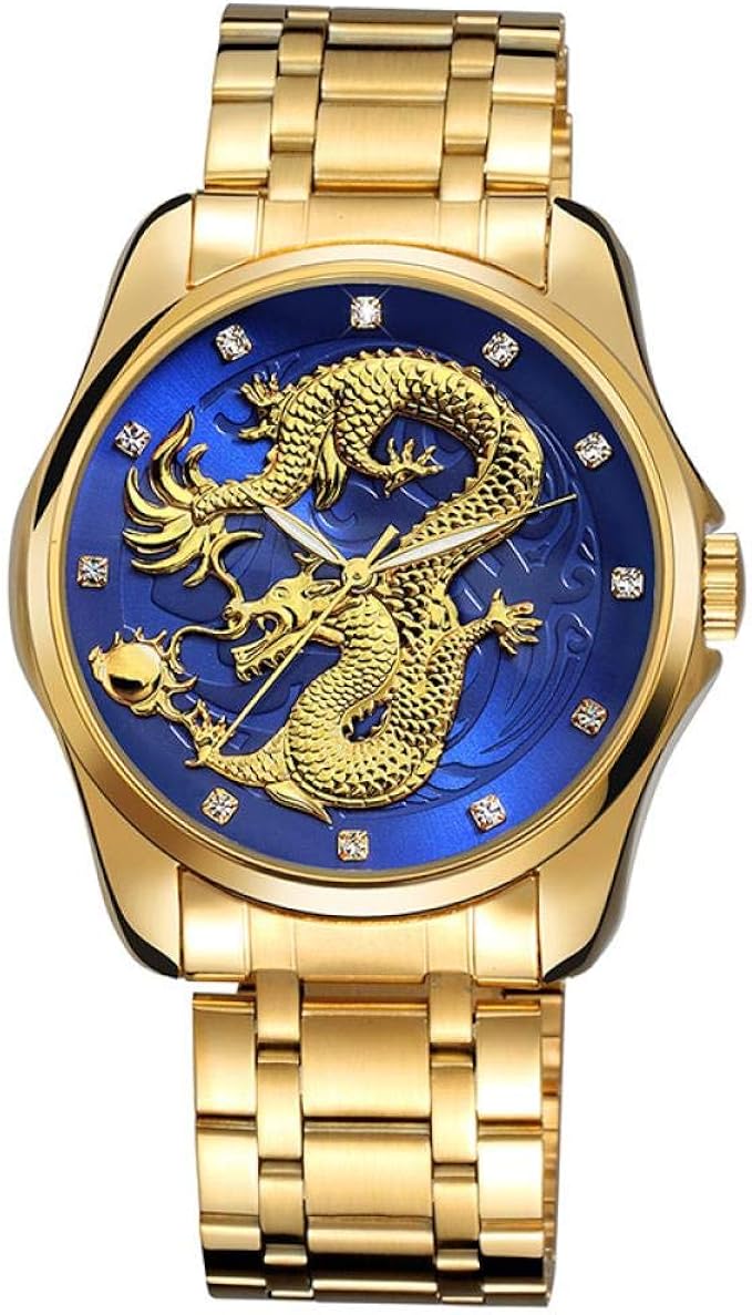 Men's Watches,Vintage Chinese Dragon Watch Rhinestone Business Embossed ...