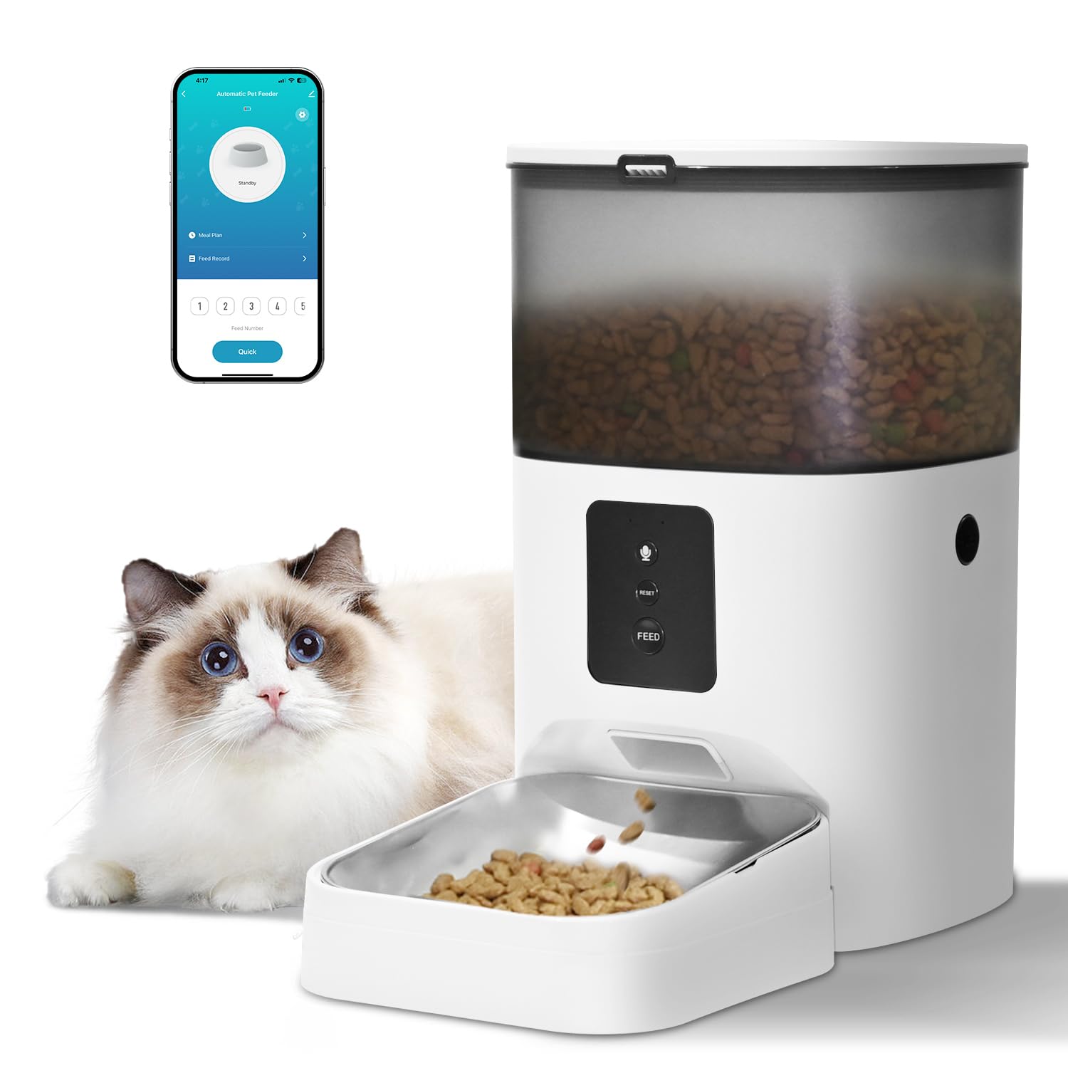 WiFi Automatic Cat Feeder, Cat Food Dispenser with 10s Voice Recorder ...
