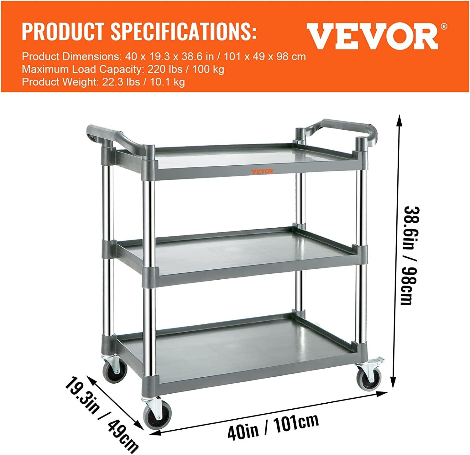 VEVOR Utility Service Cart, 3 Shelf Heavy Duty 220LBS Food Service Cart ...