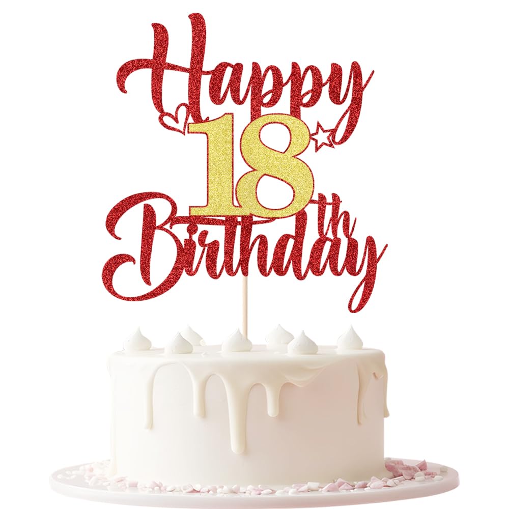 Keoysek Red Gold 18th birthday cake topper Glitter Happy 18th birthday ...