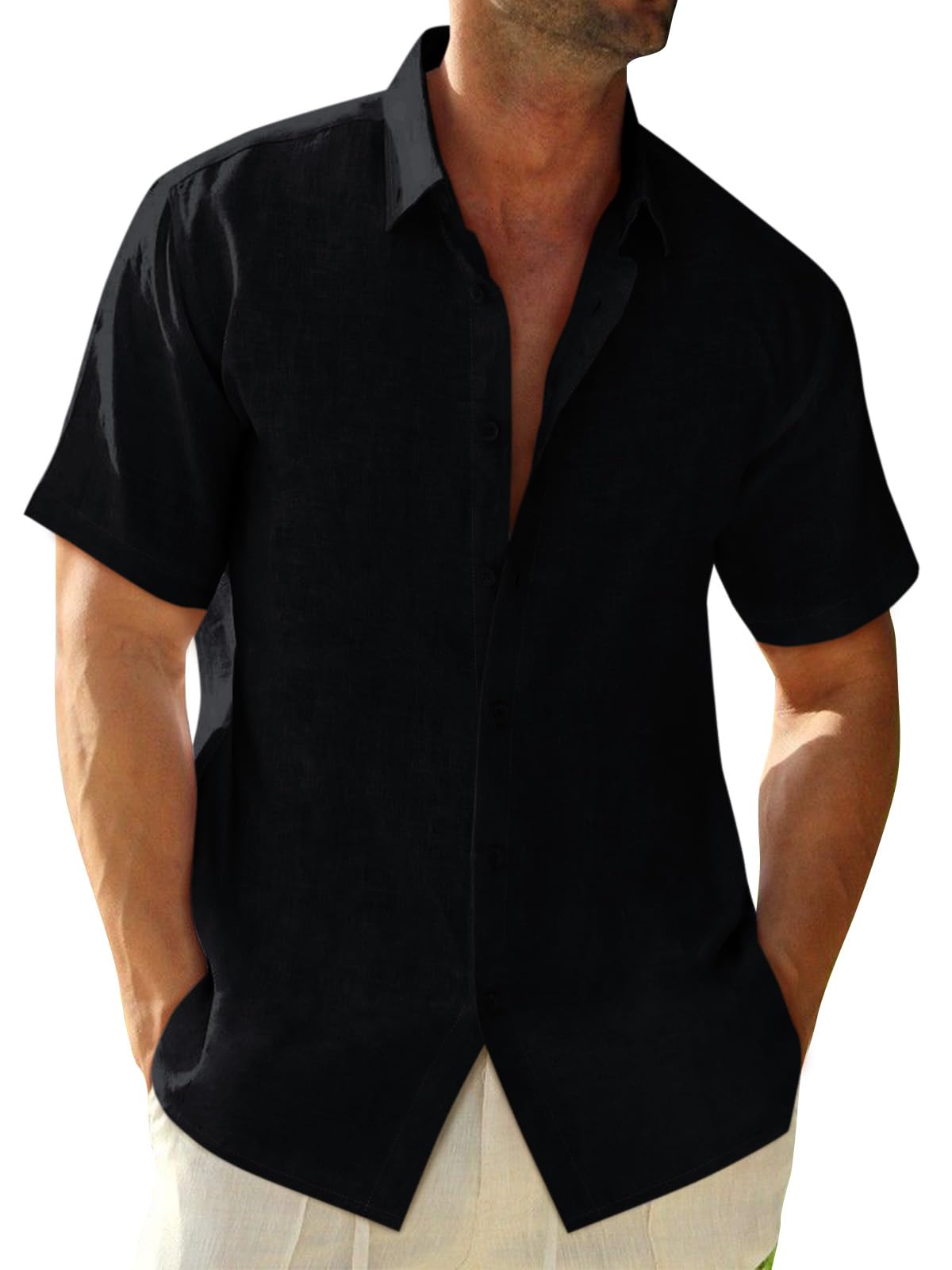 Runcati Mens Button Down Linen Shirts Short Sleeve Casual Collared ...