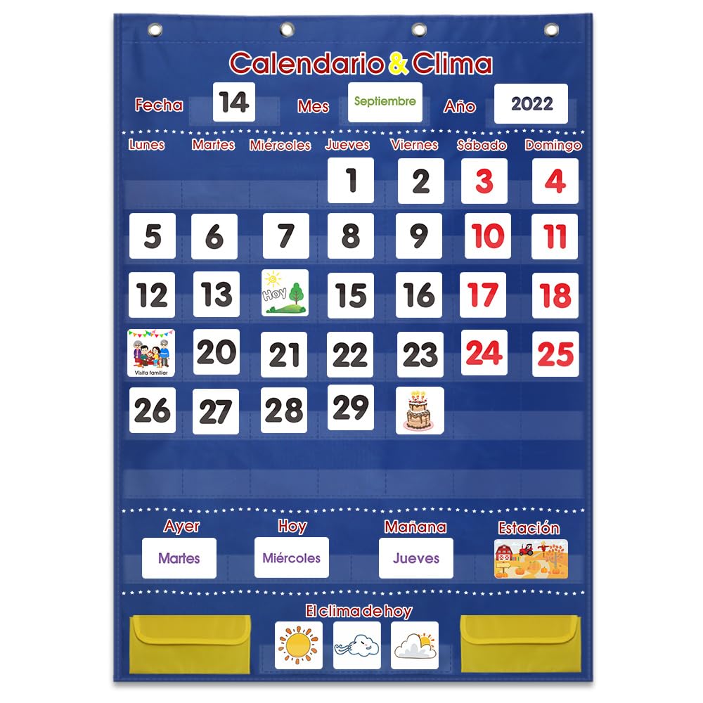 Mua Spanish Bilingual Calendar & Weather Pocket Chart – 142 Laminated ...