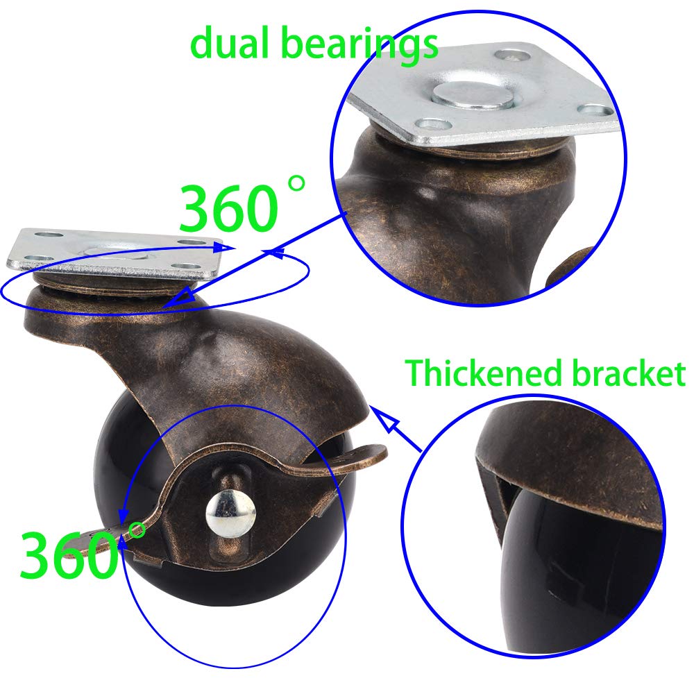 DICASAL 50mm Plate Ball Casters Antique Gold Ball Swivel Wheels Caster ...