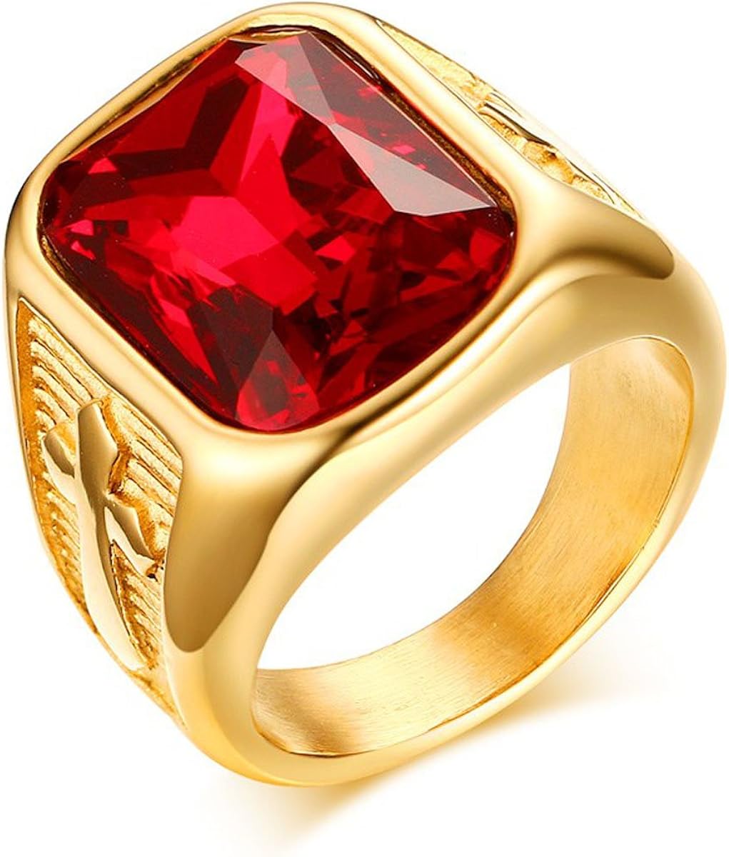CARTER PAUL Men's 21MM Gold Stainless Steel Red Zircon Ring: Amazon.co ...