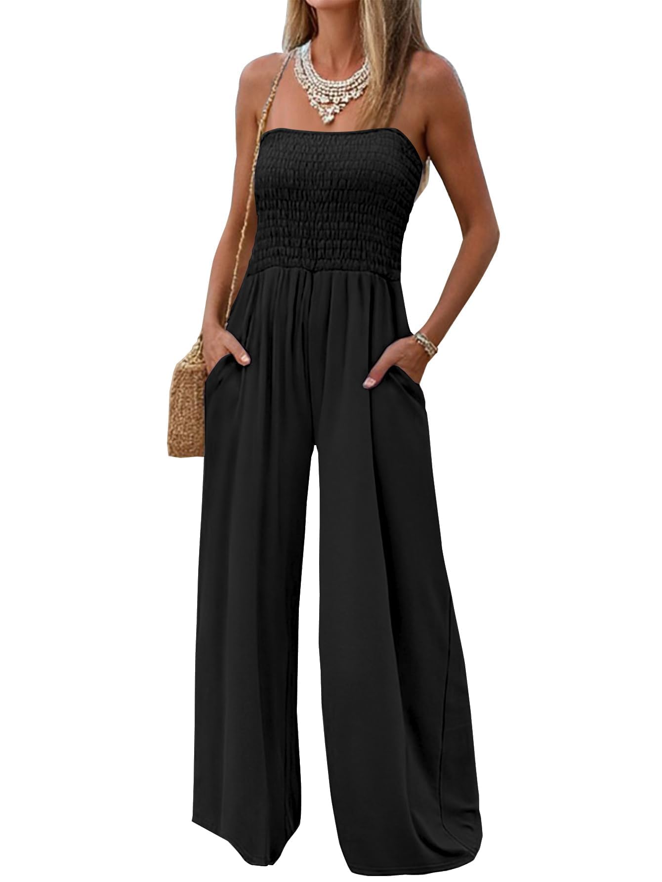 AUXDIO Black Strapless Jumpsuits for Women Casual Dressy Summer Prom ...