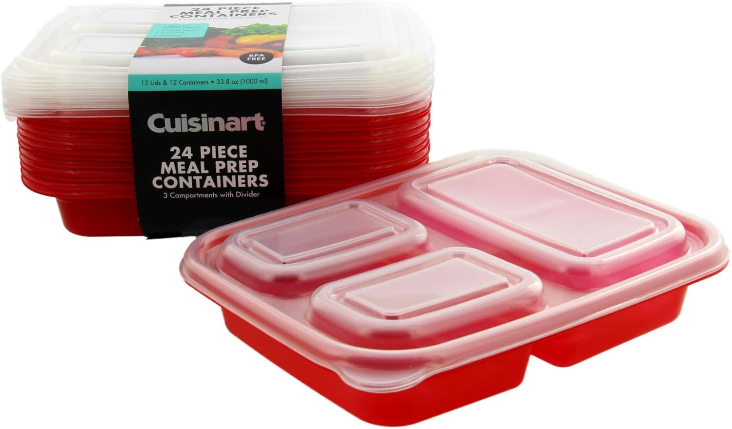 Amazon.com: Cuisinart 3 Compartment Meal Prep Containers, 24 Piece, Set ...