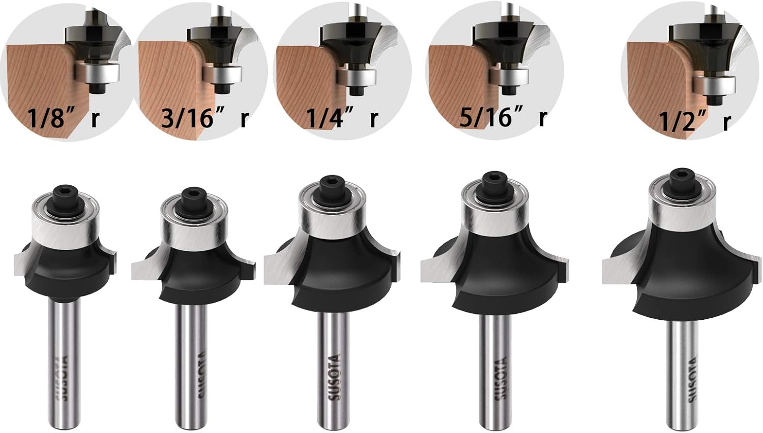 SUSOTA 1/4 Inch Shank Round Over Edging Router Bit Lower Ball Radius ...