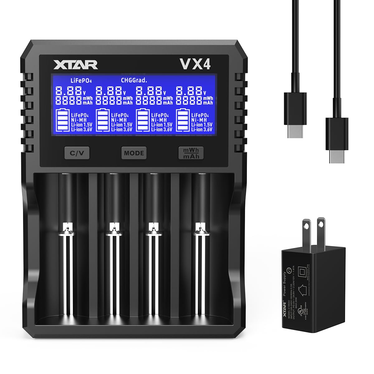 XTAR VX4 Visible Mixer 1.5V/3.6V/3.7V Li-Ion 3.2V LiFePO4 1.2V Ni-MH Batteries Charger and ...