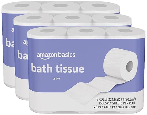 Amazon Basics 2-Ply Toilet Paper 18 Rolls = 72 Regular Rolls, 350 Sheets, (3 Packs of 6 ...