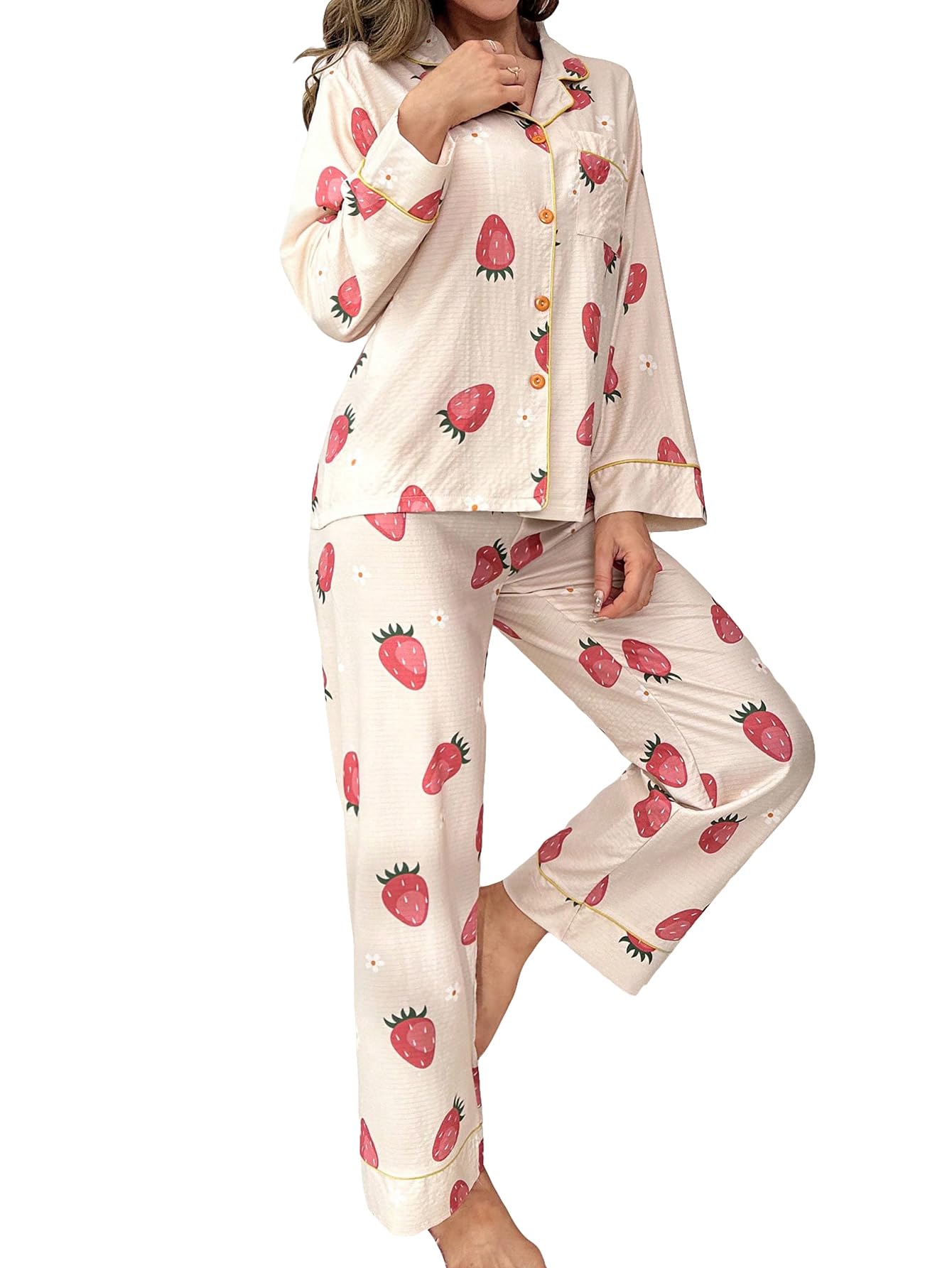 WDIRARA Women's 2 Piece Fruit Pajama Set Strawberry Print Long Sleeve ...