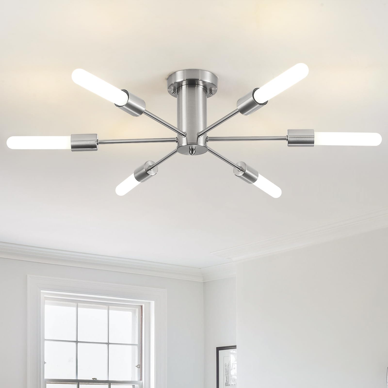 LXWNYY Sputnik Ceiling Light Fixture,6-Light Brushed Nickel Semi Flush ...