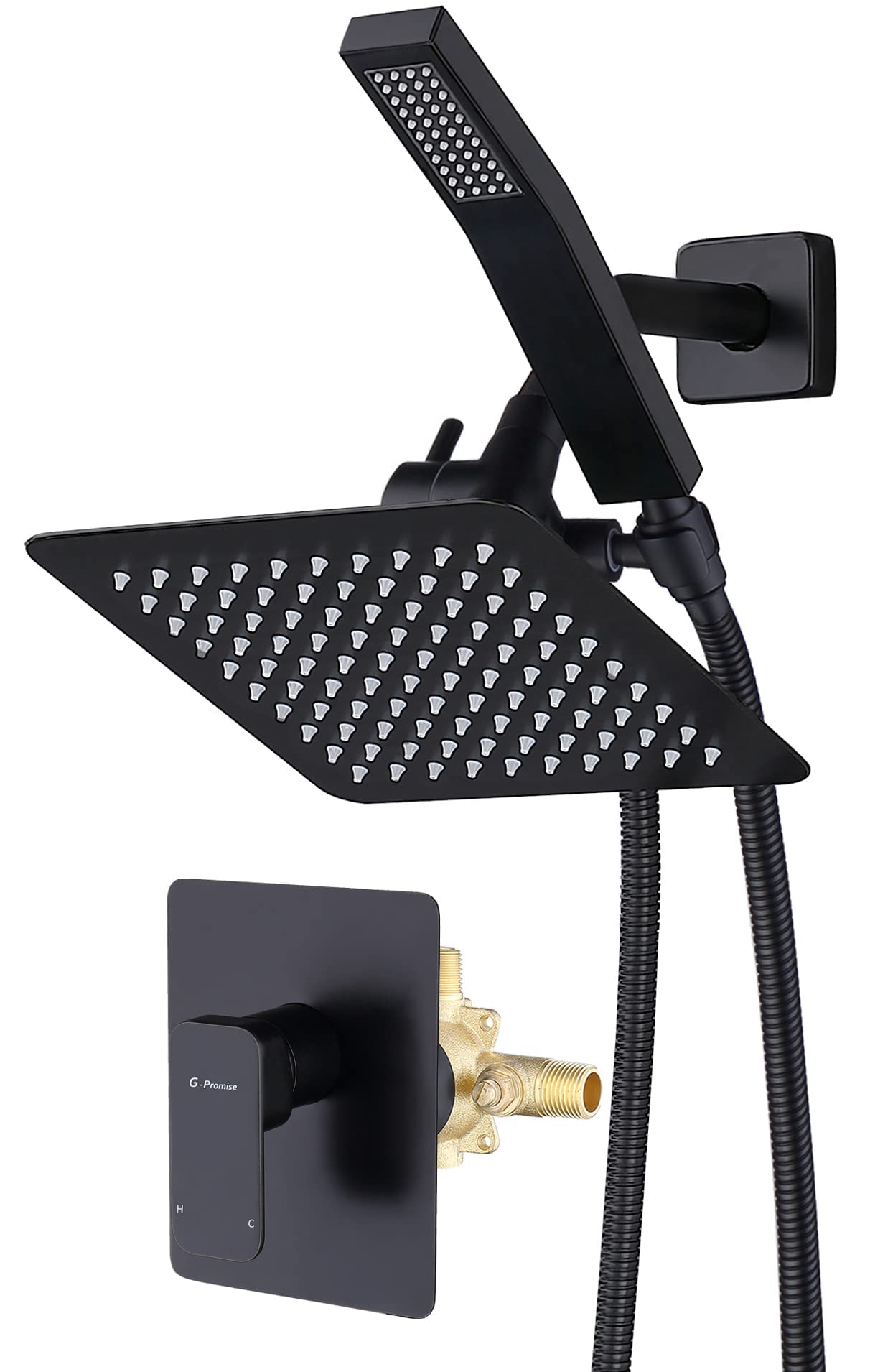 All Metal Shower Faucet Set, Dual Square Shower Head System with ...