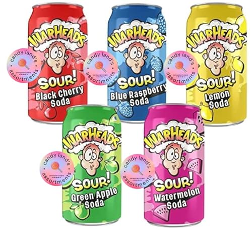 Warheads Sour Soda Pop drink Variety 5 Pack | 12 oz. Cans | with Candy ...