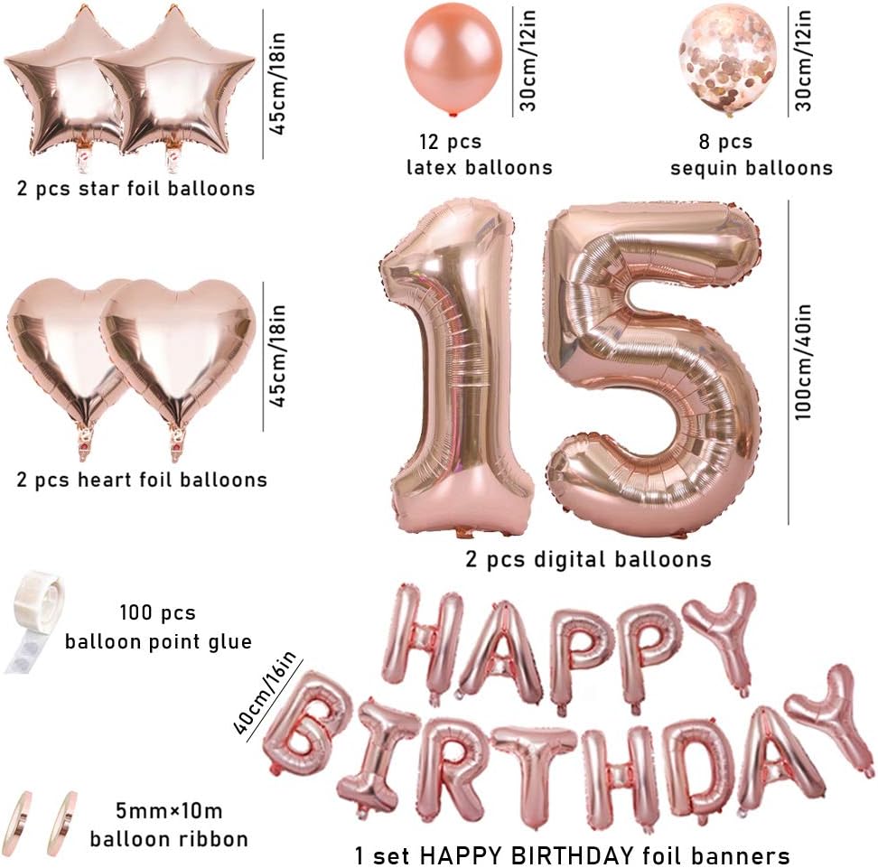 Ceqiny 15th Birthday Decoration Rose Gold Happy Birthday Banner Balloon ...