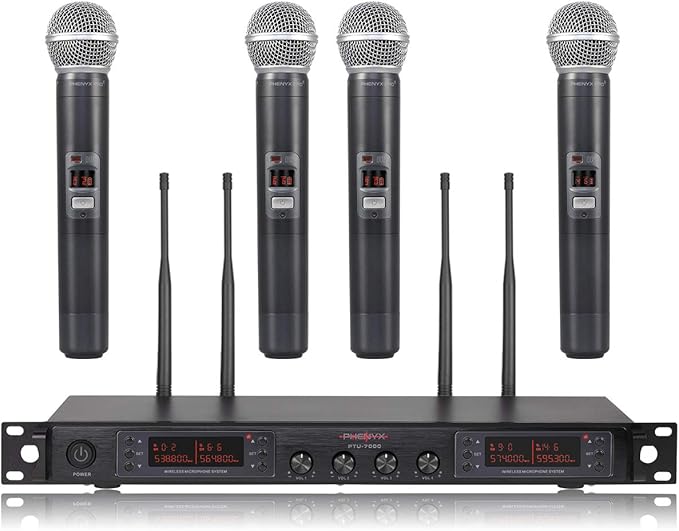 Wireless Microphone System, Phenyx Pro Quad Channel Cordless Mic Set with Metal Handheld Mics ...