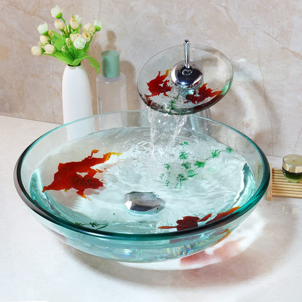 HM HomeMieco Clear Bathroom Sink Hand Painting Gold Fish Tempered Glass ...