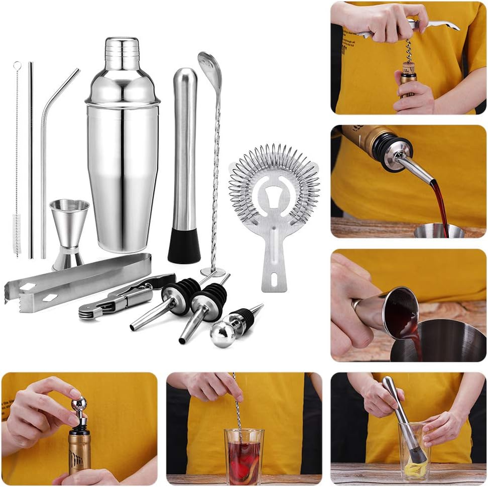 HALOVIE Cocktail Making Set with Wooden Stand, 750ml Cocktail Shaker ...