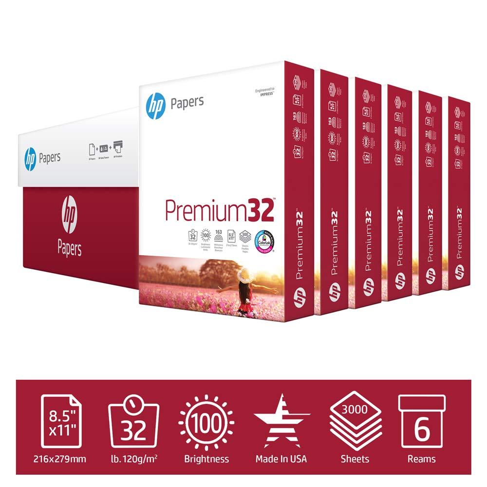 HP Printer Paper Premium 32lb, 8.5x11, 6 Ream Case, 3000 Sheets, Made ...