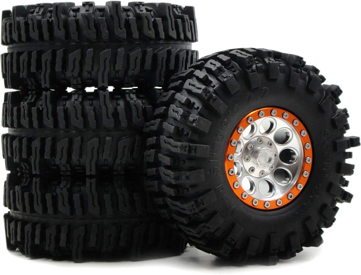 4pcs RC Rock Crawler 2.2 Mud Slingers Tires OD(Height) 124mm & Alum Alloy 2.2 Beadlock Wheels ...