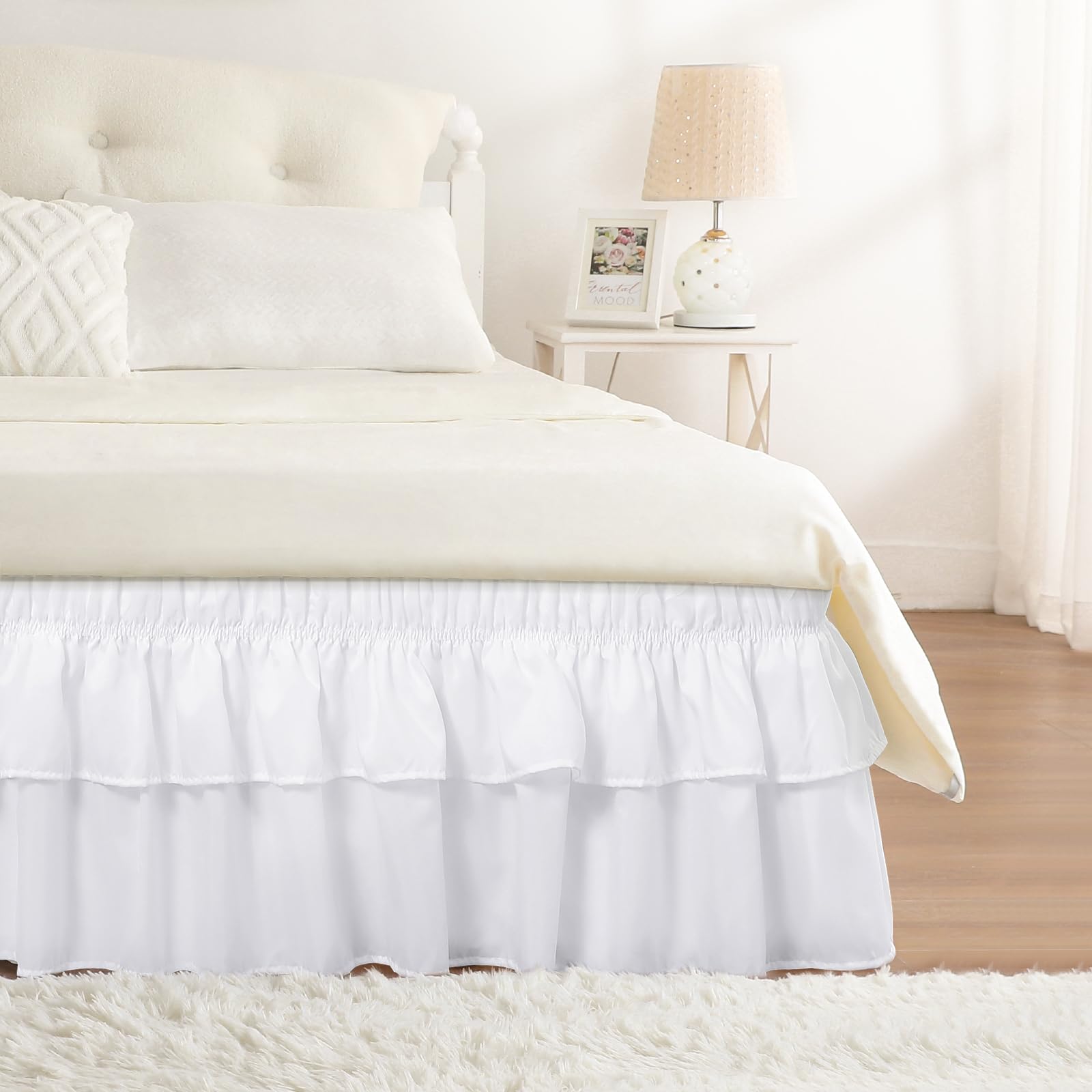 RIMELA Ruffle Bed Skirt White Queen 18 Inch Drop, Elastic Wrap Around ...