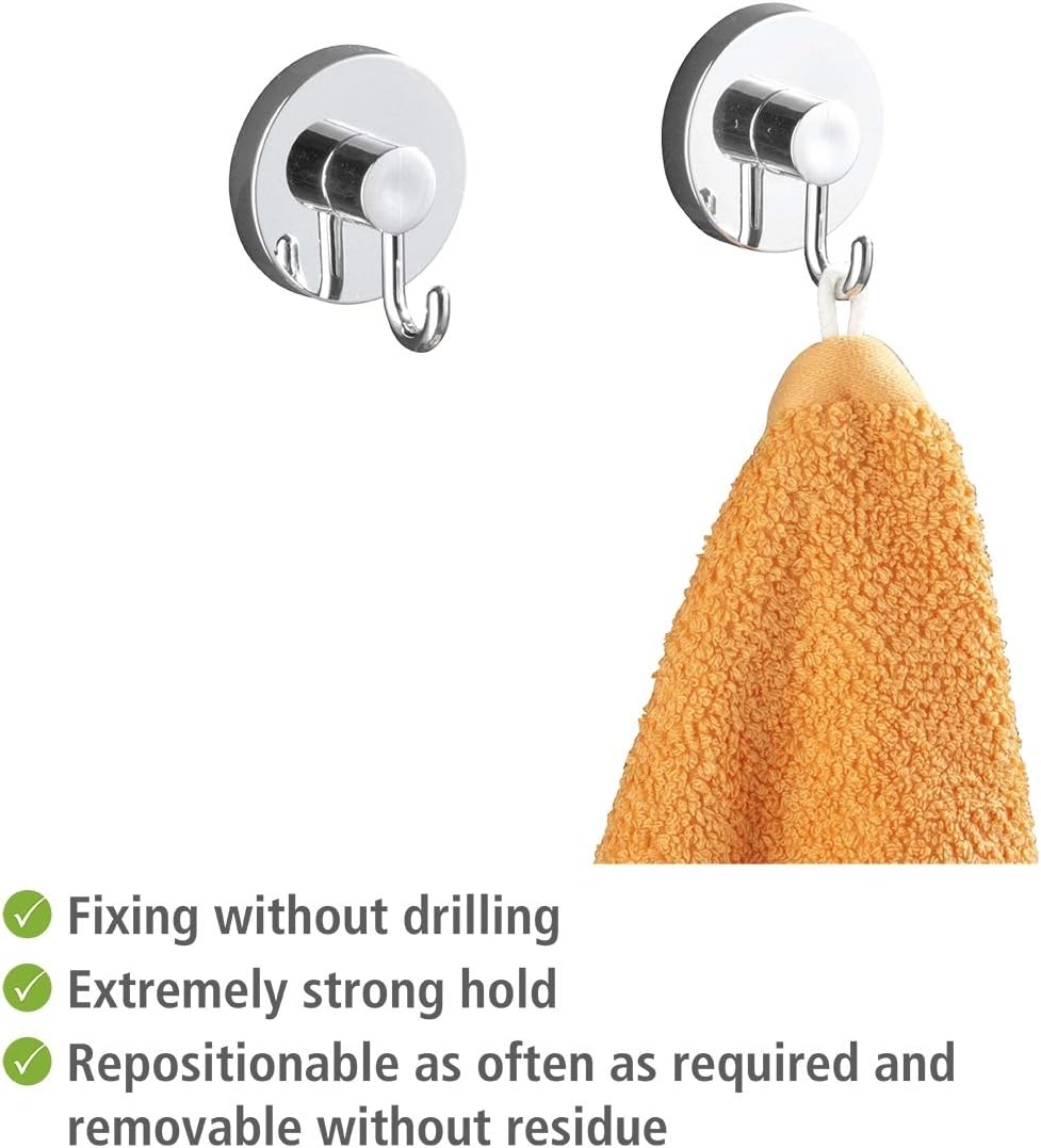 WENKO Vacuum-Loc Hook-Set of 2, Fixing Without Drilling, Silver Shiny ...