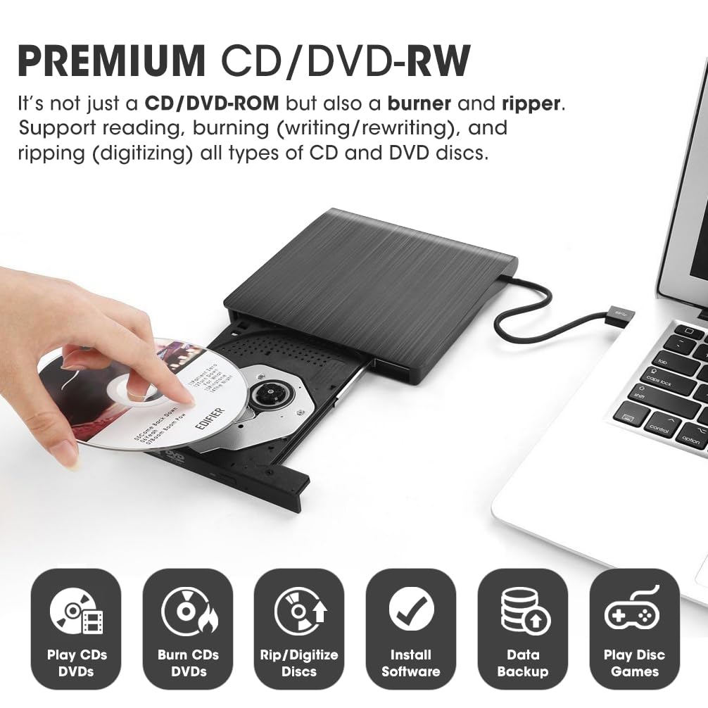 ROOFULL External CD DVD Drive USB 3.0 CD-Burner Premium Portable CD-ROM ...