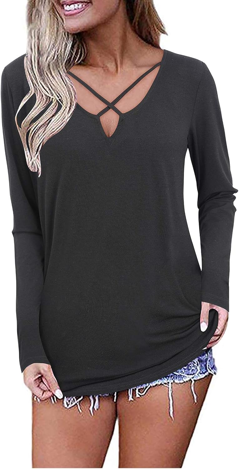 VOTEPRETTY Womens Long Sleeve Tunic Tops V Neck Criss Cross T Shirt ...