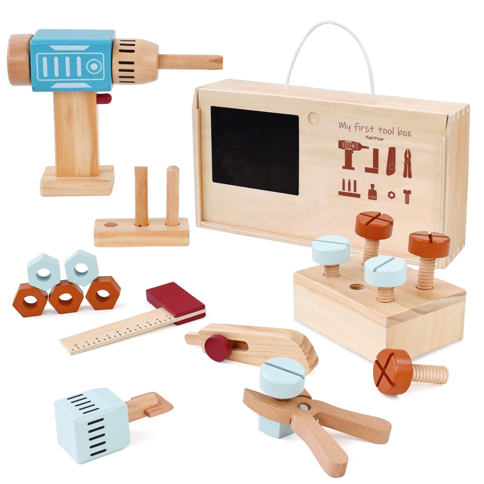 PairPear Kids Tool Set,Wooden Toy Tool Box with Toy Drill,Wooden Tool ...