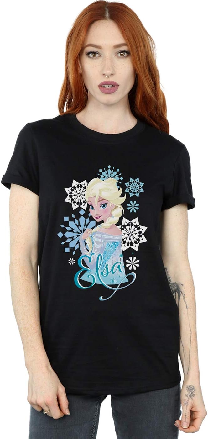 Disney Women's Frozen Elsa Snowflakes Boyfriend Fit T-Shirt: Amazon.co ...